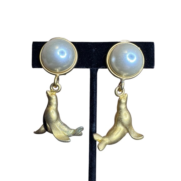 Salvatore Ferragamo | Jewelry | Ferragamo Gold Tone Seal Pearl Earrings ...
